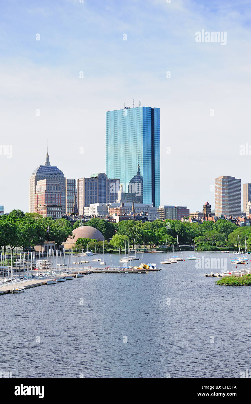 Boston back bay with sailing boat and urban building city skyline in ...