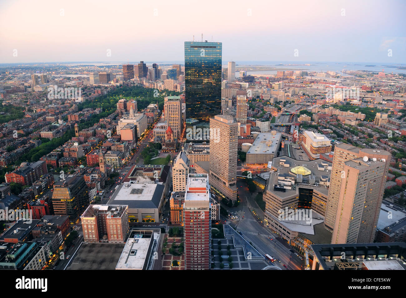 Urban city aerial view. Boston aerial view with skyscrapers at sunset ...