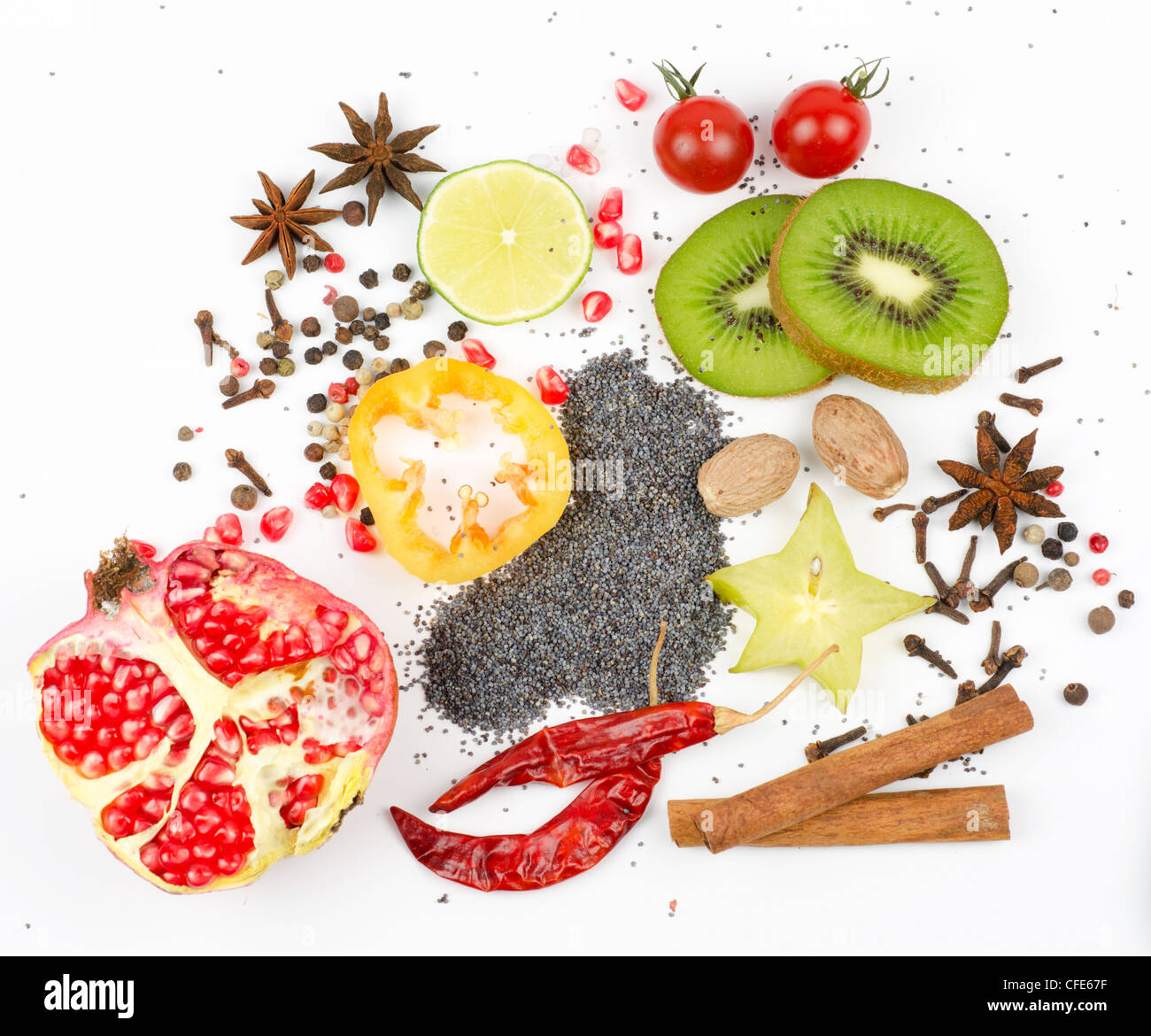 Colorful spices on a white background - beautiful kitchen image Stock ...