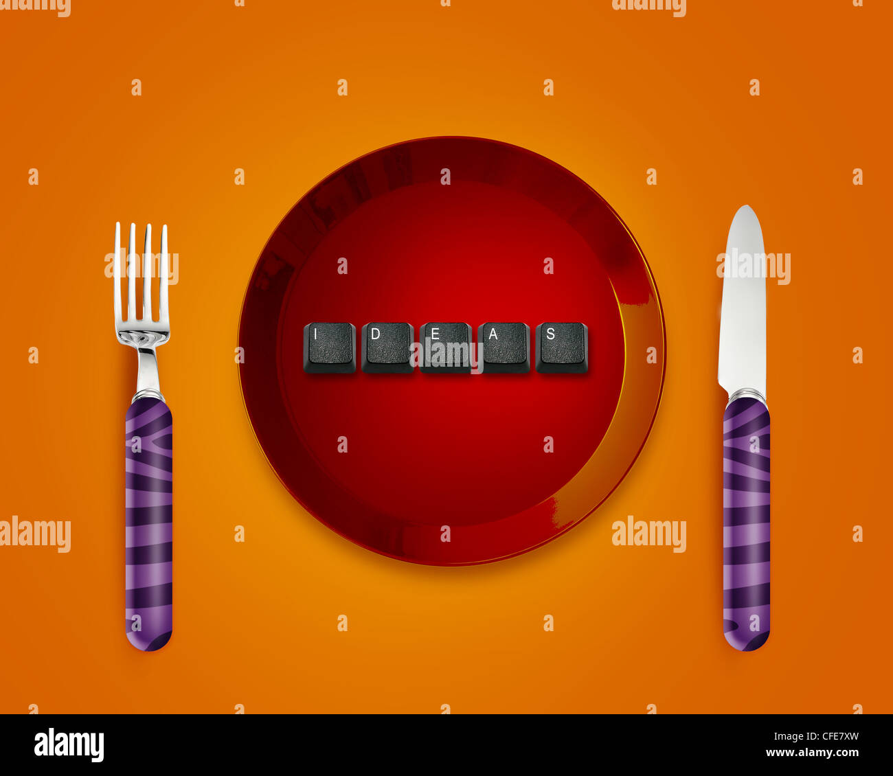Knife, Fork, plate and keyboard buttons with ideas word Stock Photo - Alamy
