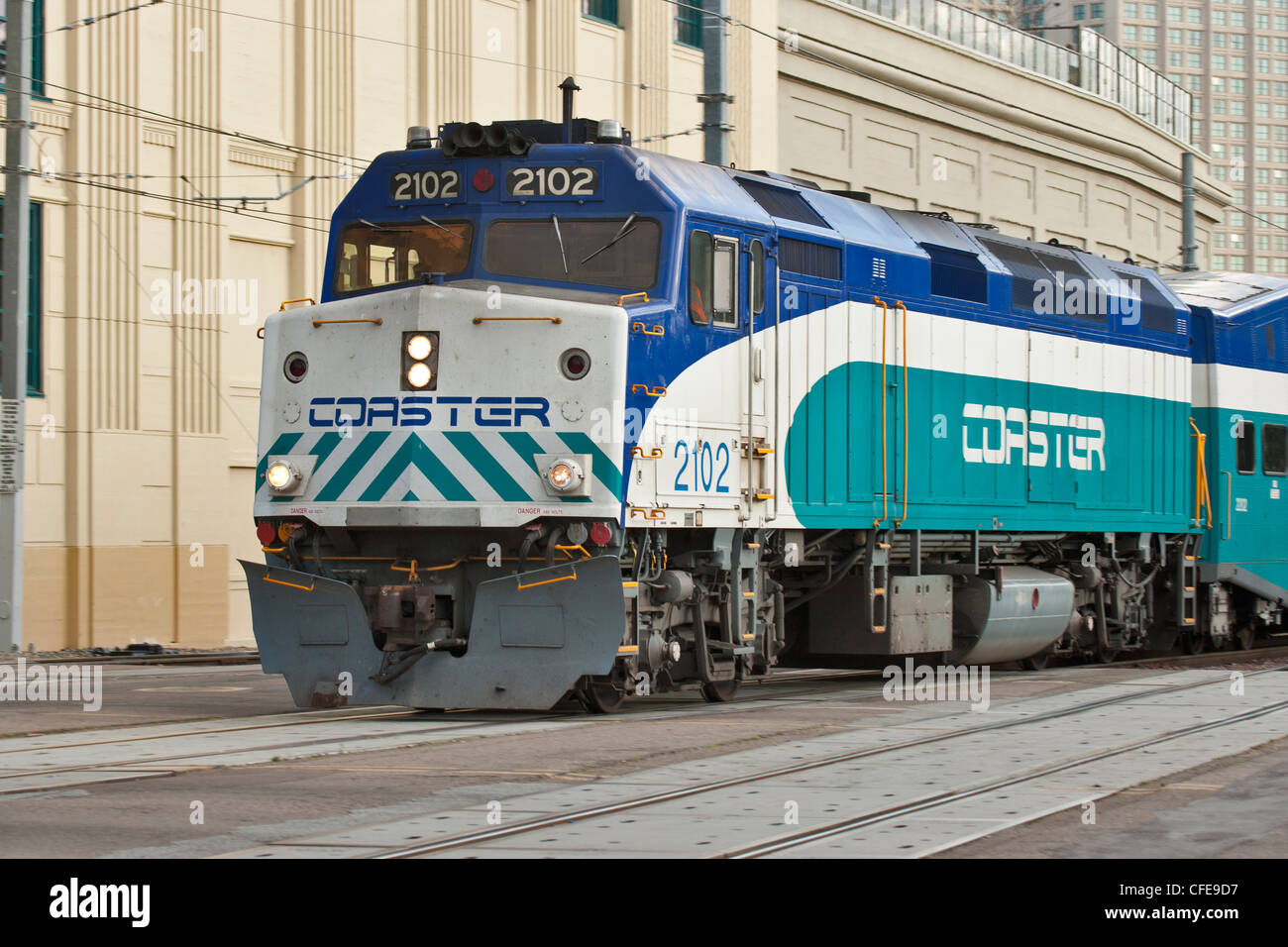 Amtrak coaster train passing through downtown San Diego near Santa Fe ...