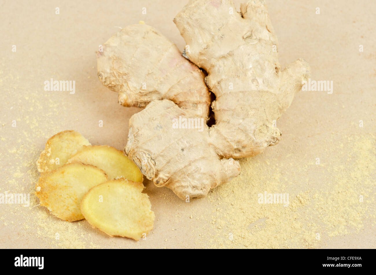 Fresh, dried and powdered ginger at brown background Stock Photo - Alamy