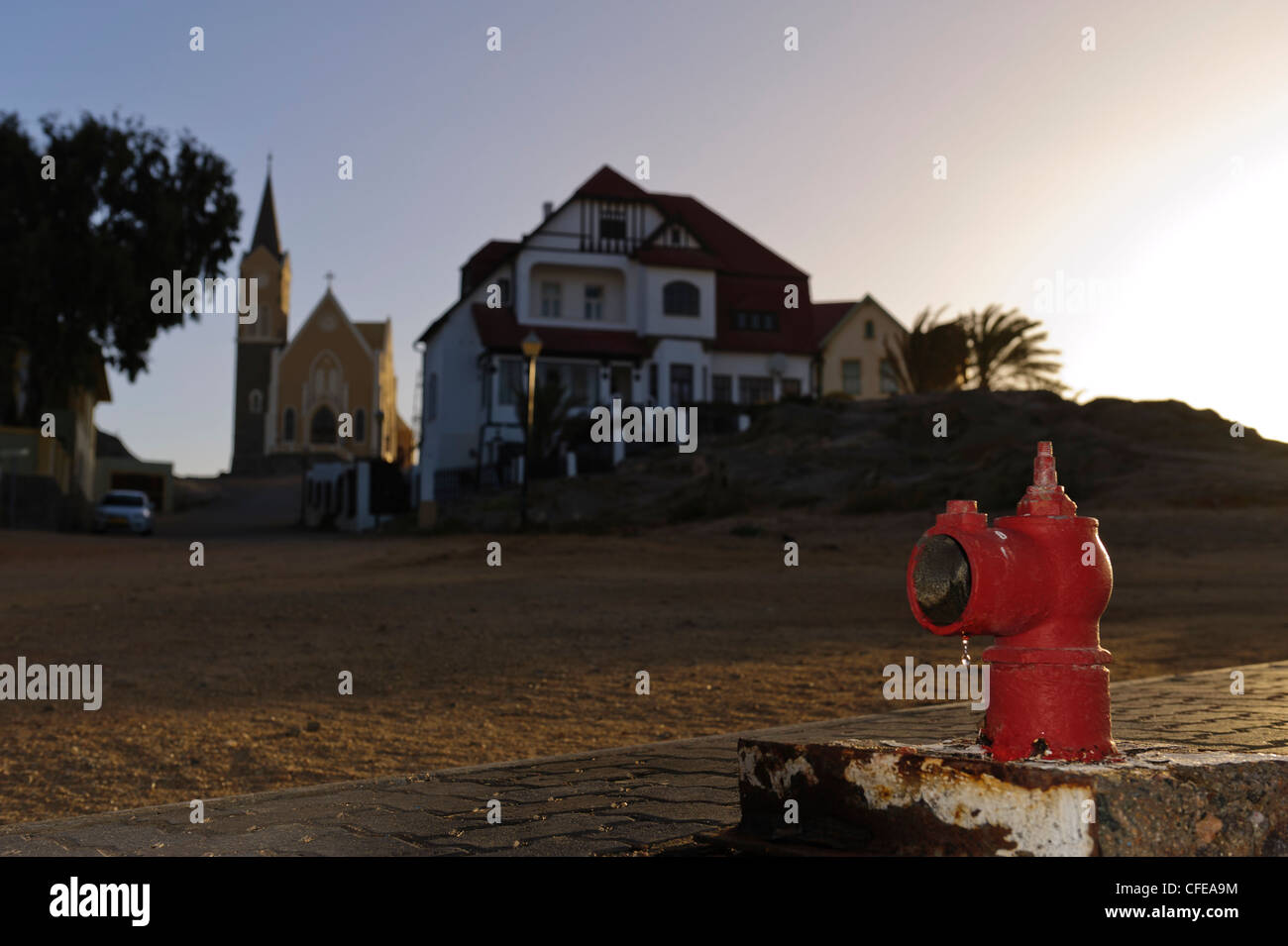Red fire hydrant with view through the Kirch Strasse to the ...