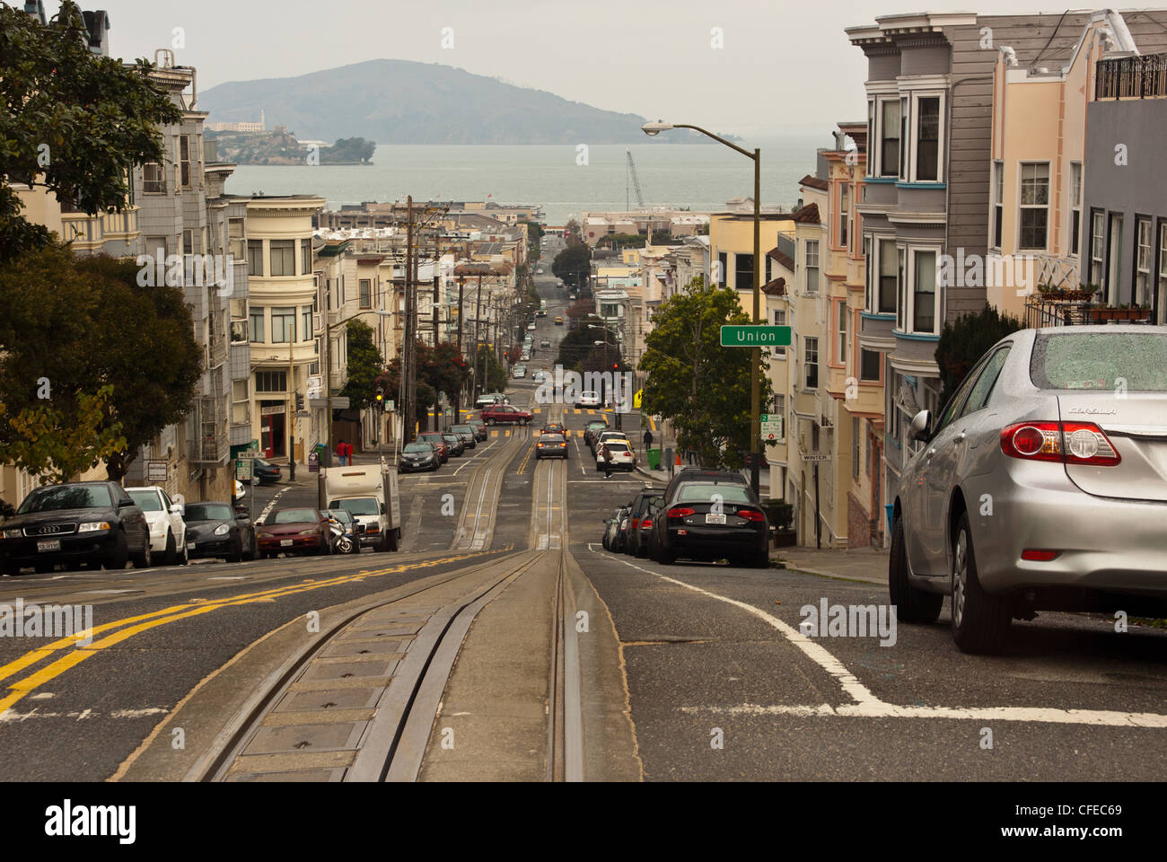 san francisco street scene,showing cable car tracks with cars and taxis ...
