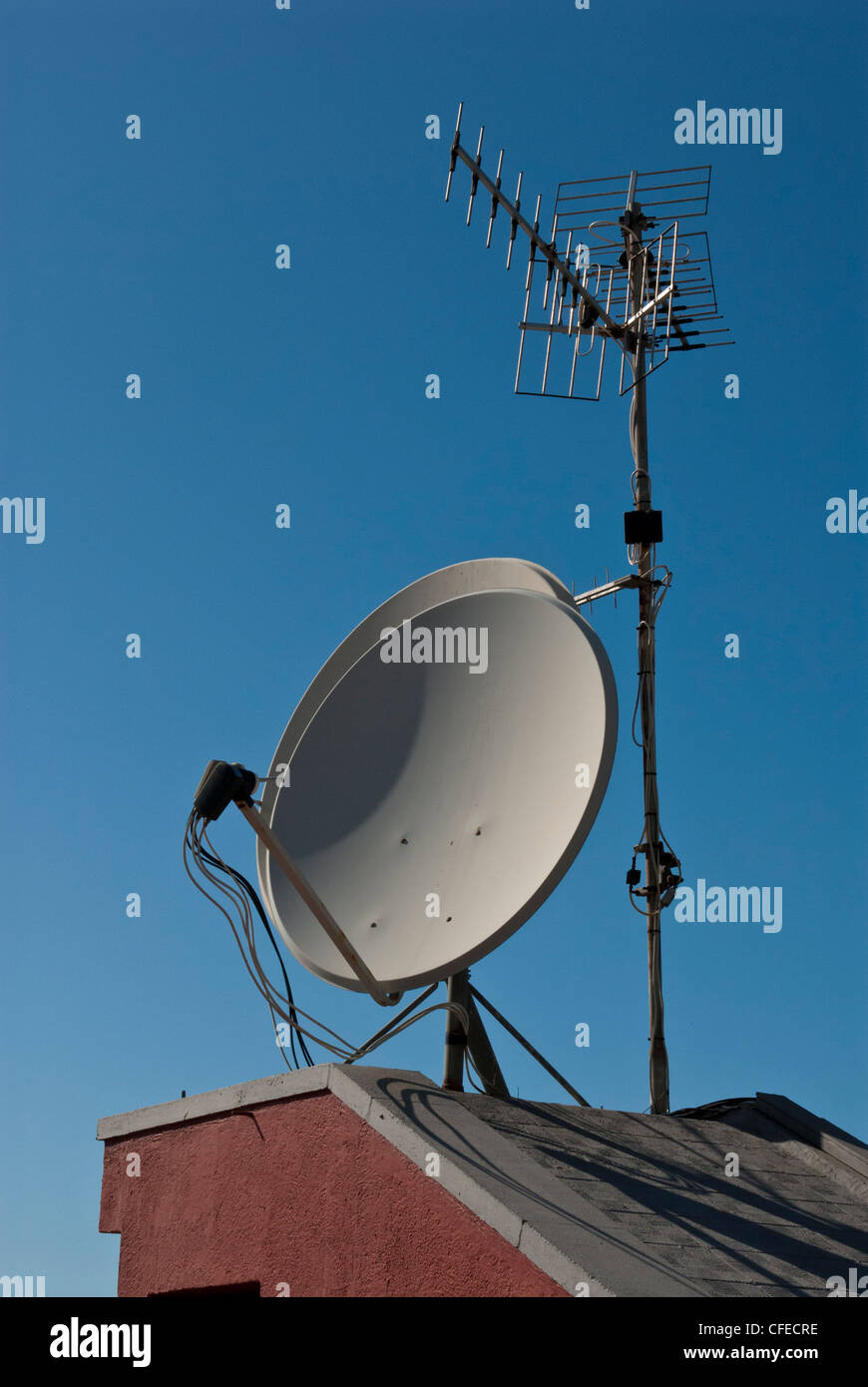 TV Satellite dishes and aerial against a blue sky Stock Photo - Alamy