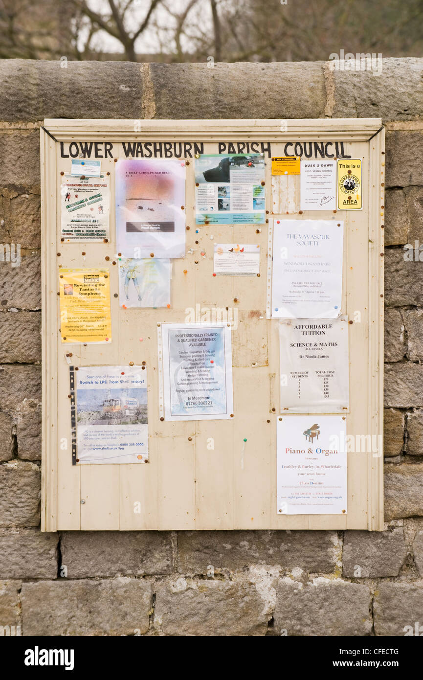 Parish council noticeboard on stone wall (community notices ...