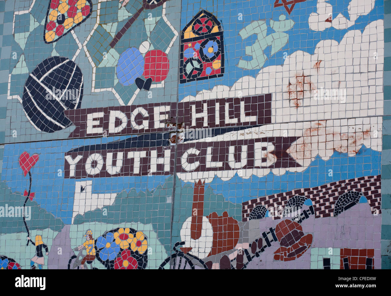 Edge Hill Youth Club, Mosaic Tiles Sign and Decoration Stock Photo - Alamy