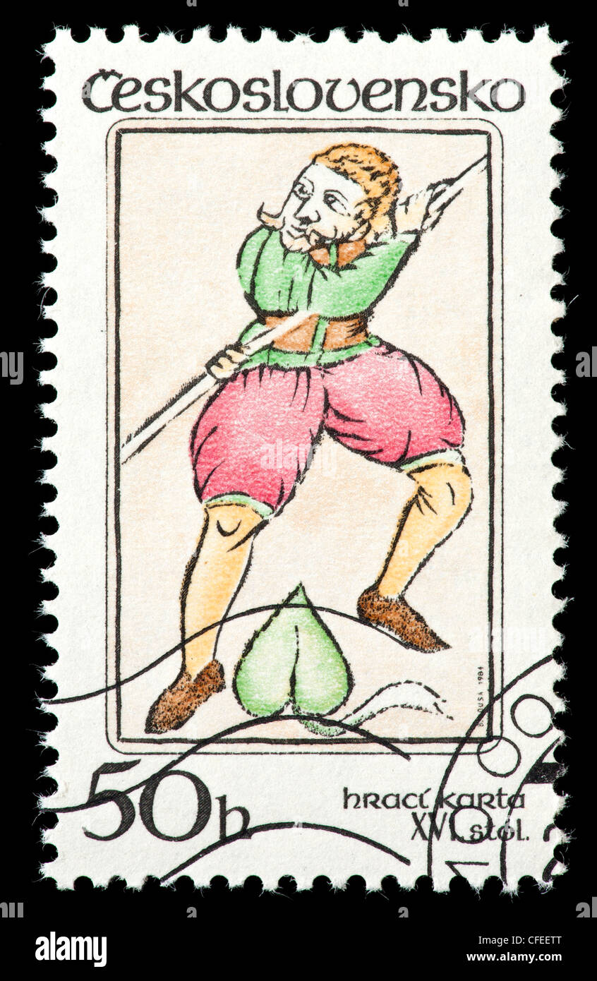 Postage stamp from Czechoslovakia depicting a playing card, Jack of ...