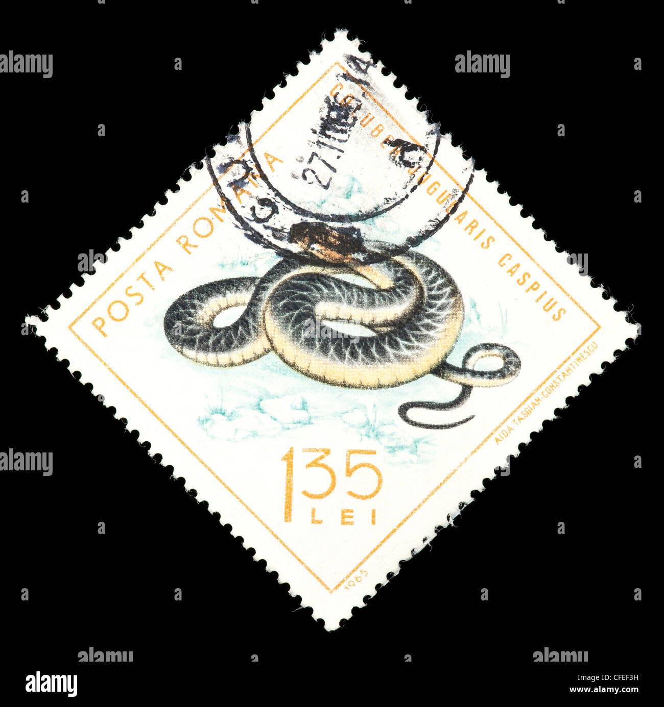 Postage stamp from Romania depicting a Caspian whipsnake (Dolichophis ...