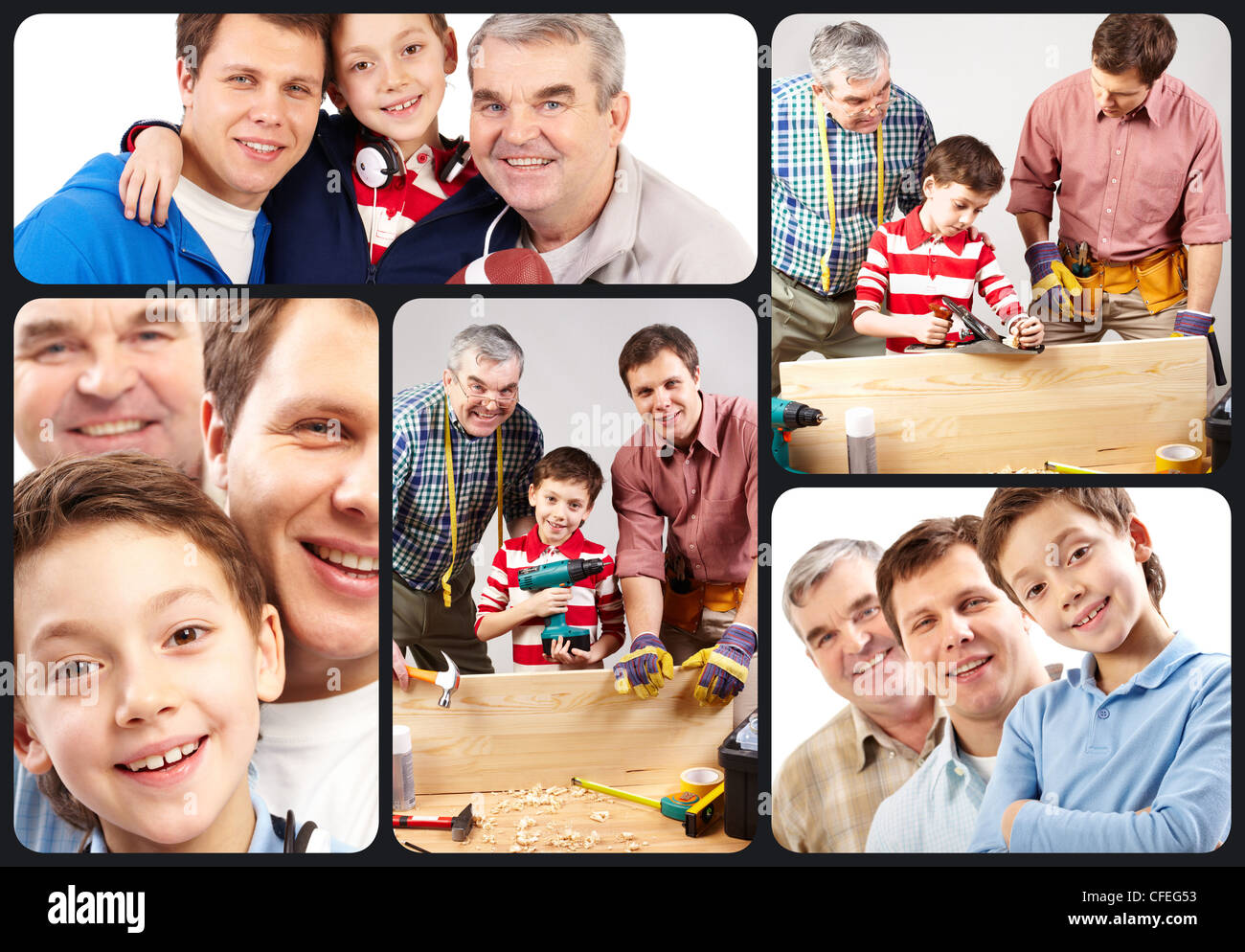 Collage of three male members of the family presenting three ...