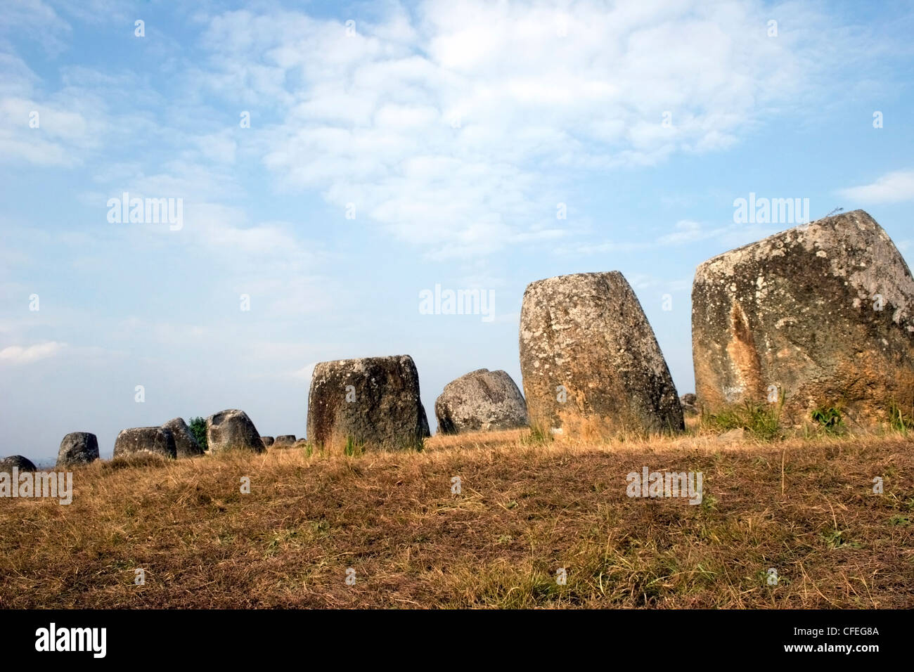 Stone jars in a field are on display at Plain of Jars Archaeological ...