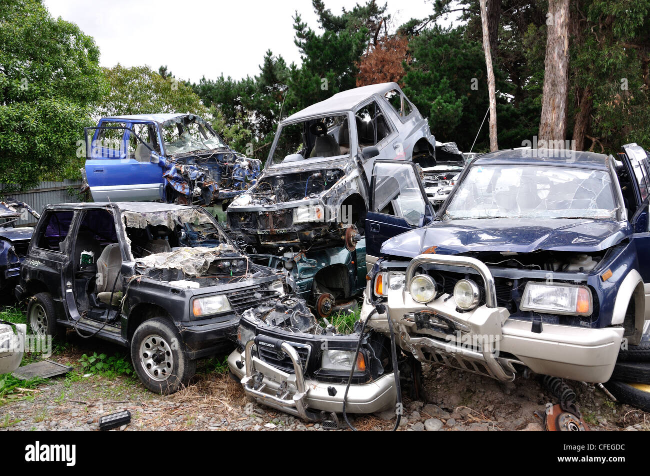 Scrapped cars stacked in auto parts yard in Lincoln, Christchurch ...