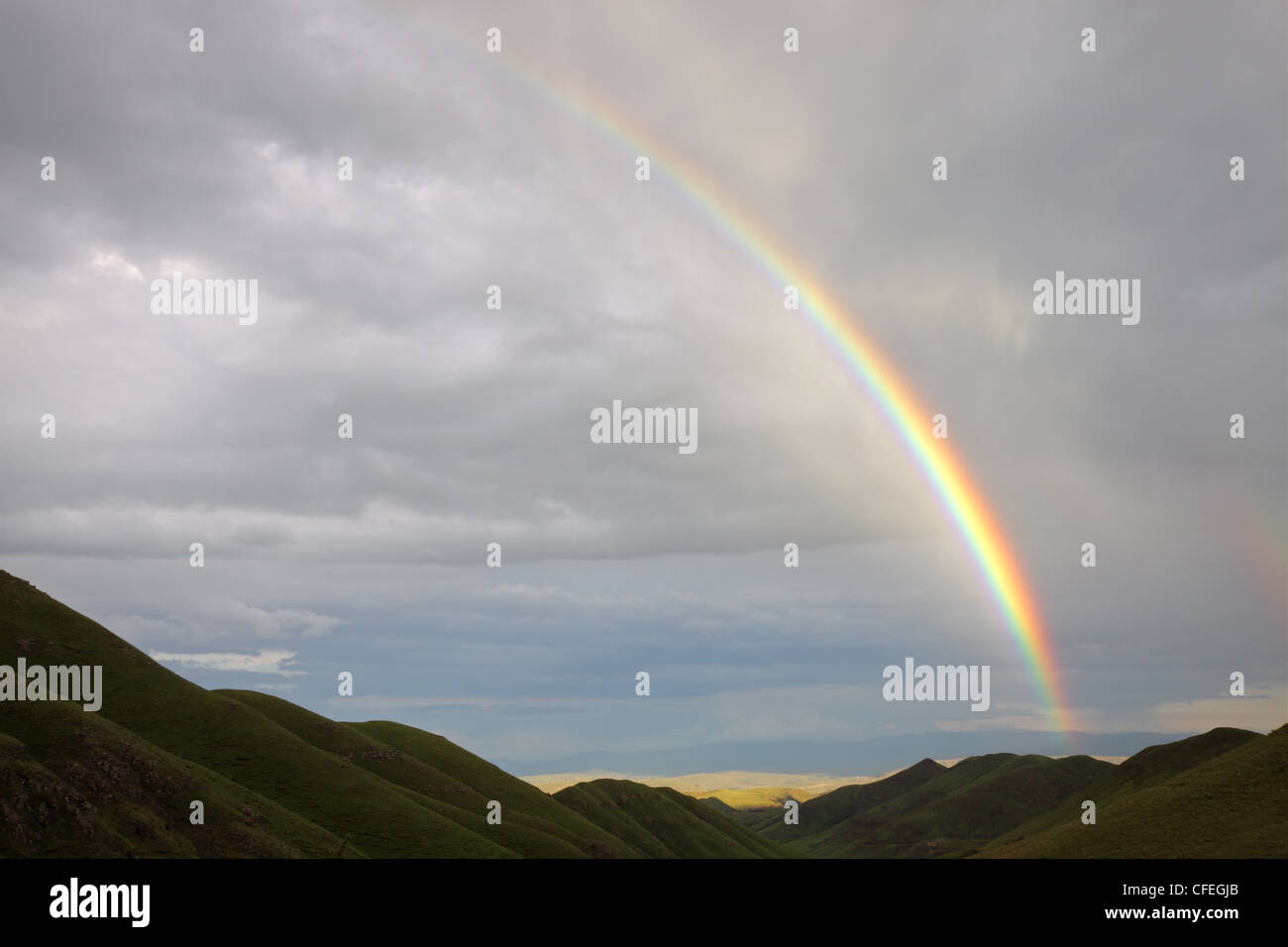 Rural landscape with a colorful rainbow and heavy rain clouds, southern ...