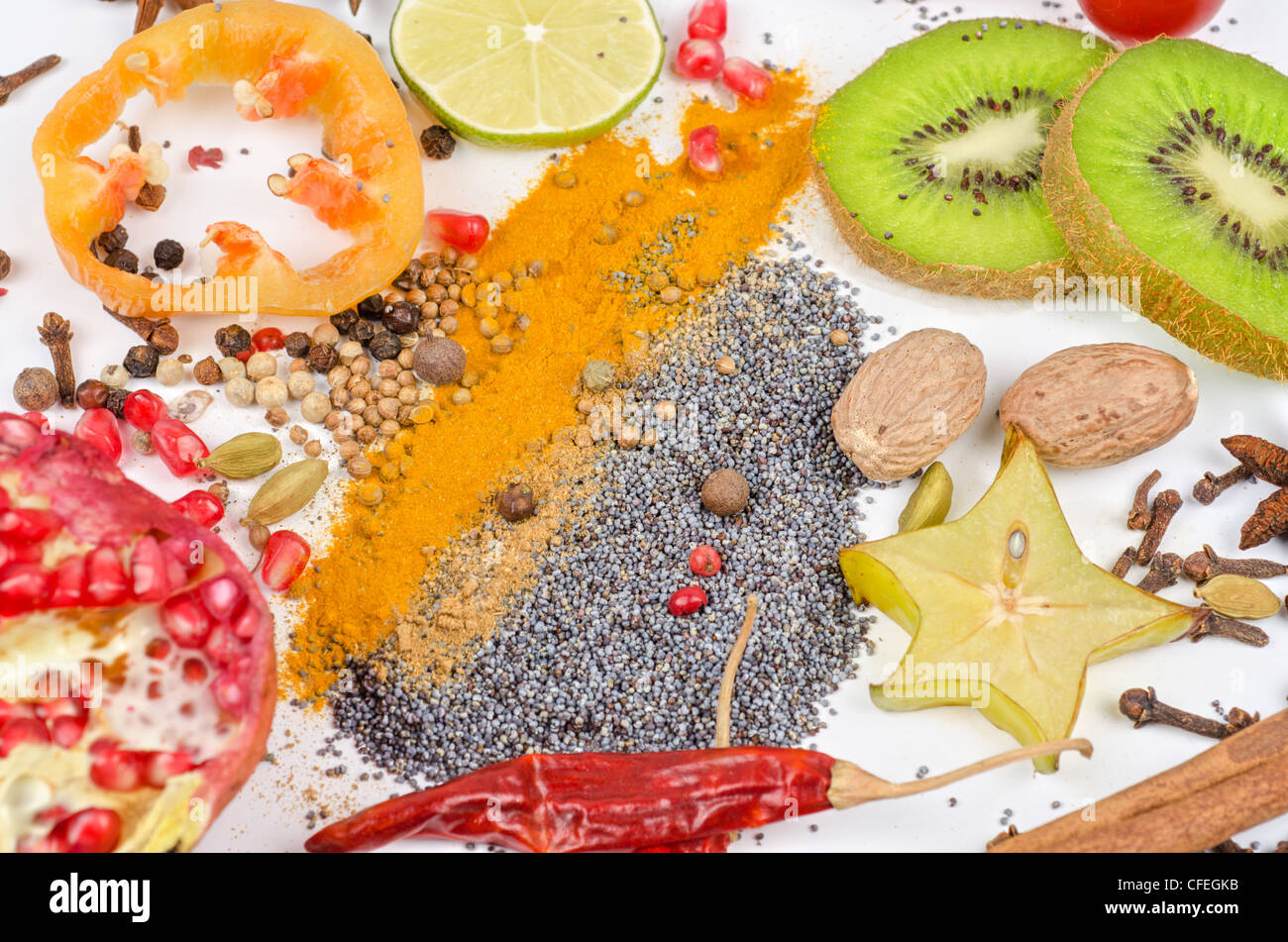 Colorful spices on a white background - beautiful kitchen image Stock ...