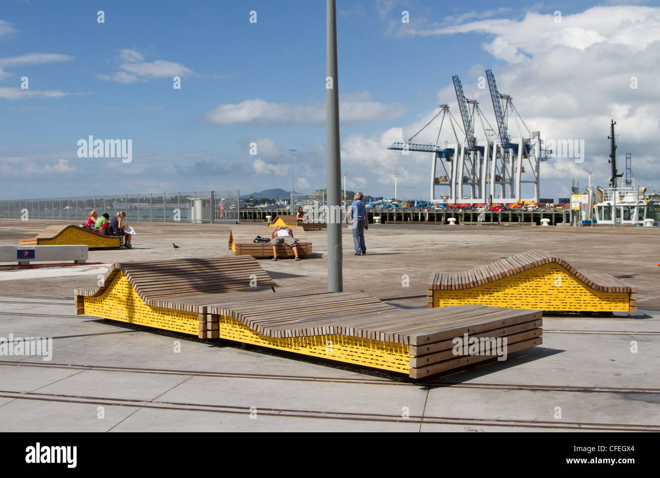 Benches in Auckland, New Zealand by the ferry boat port Stock Photo - Alamy