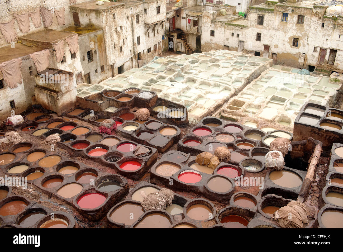 Traditional leather dyeing and tannery pits, Fez, Morocco, N Africa ...