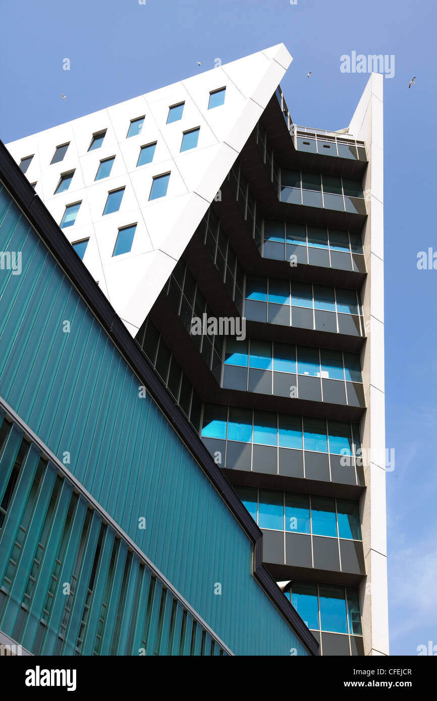 Part of new build modern building in blue and white Stock Photo - Alamy