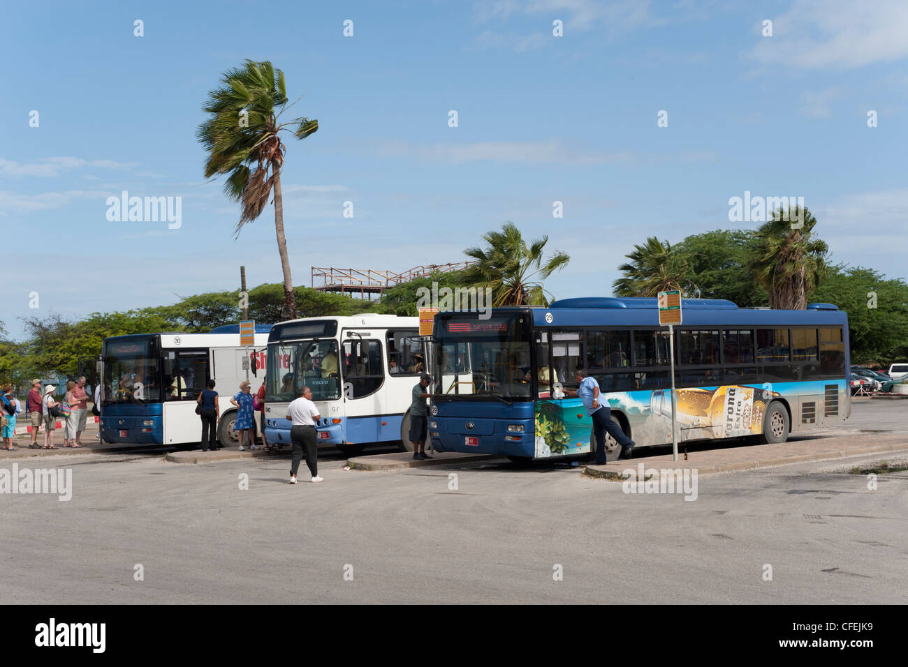 Tourist buses loading with passengers, Oranjestad, Aruba, The Caribbean ...