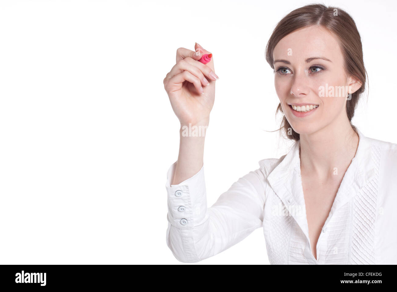 Female writing with pink marker Stock Photo - Alamy