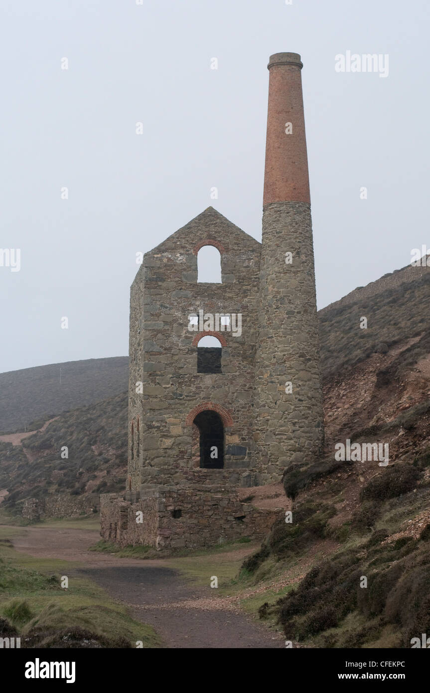 Cornwall tin/copper mine building, red brick and stone construction ...