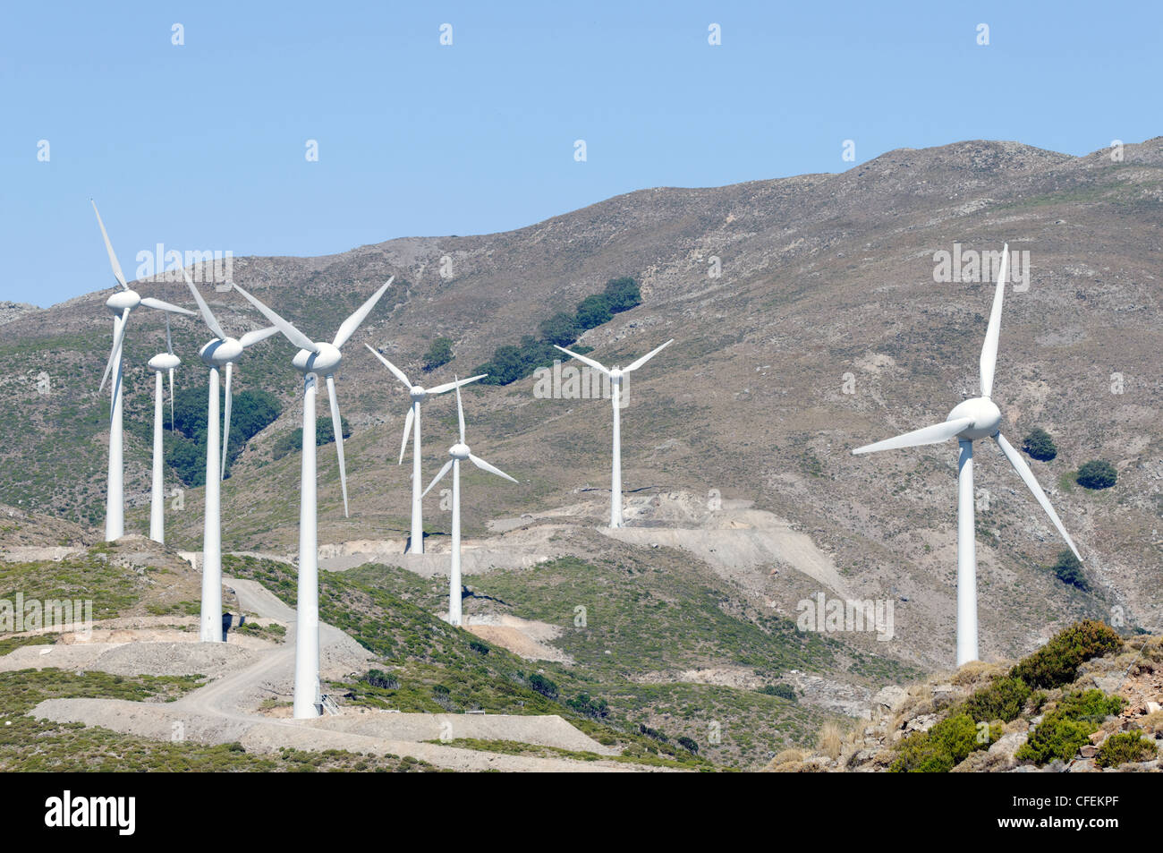 Crete. Greece. View of a wind turbine farm located high up in the ...