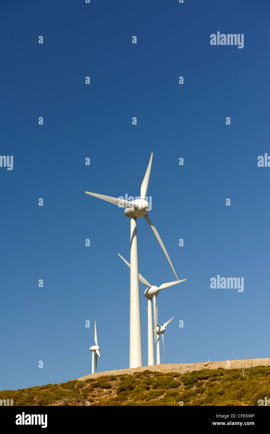 Crete. Greece. View of a wind turbine farm located high up in the ...