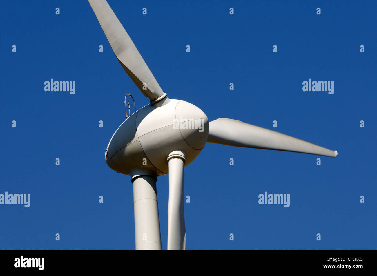 Crete. Greece. Close up view of a wind turbine located high up in the ...