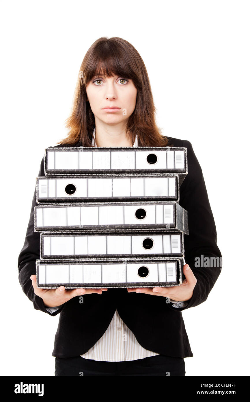 Business woman full of work holding a pile of folders, isolated on ...