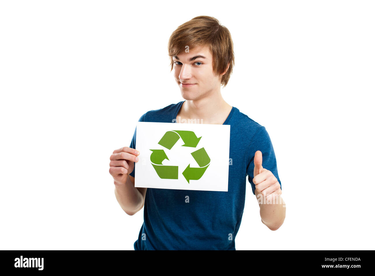 Casual young man holding a recycling sign to promote a green and better ...
