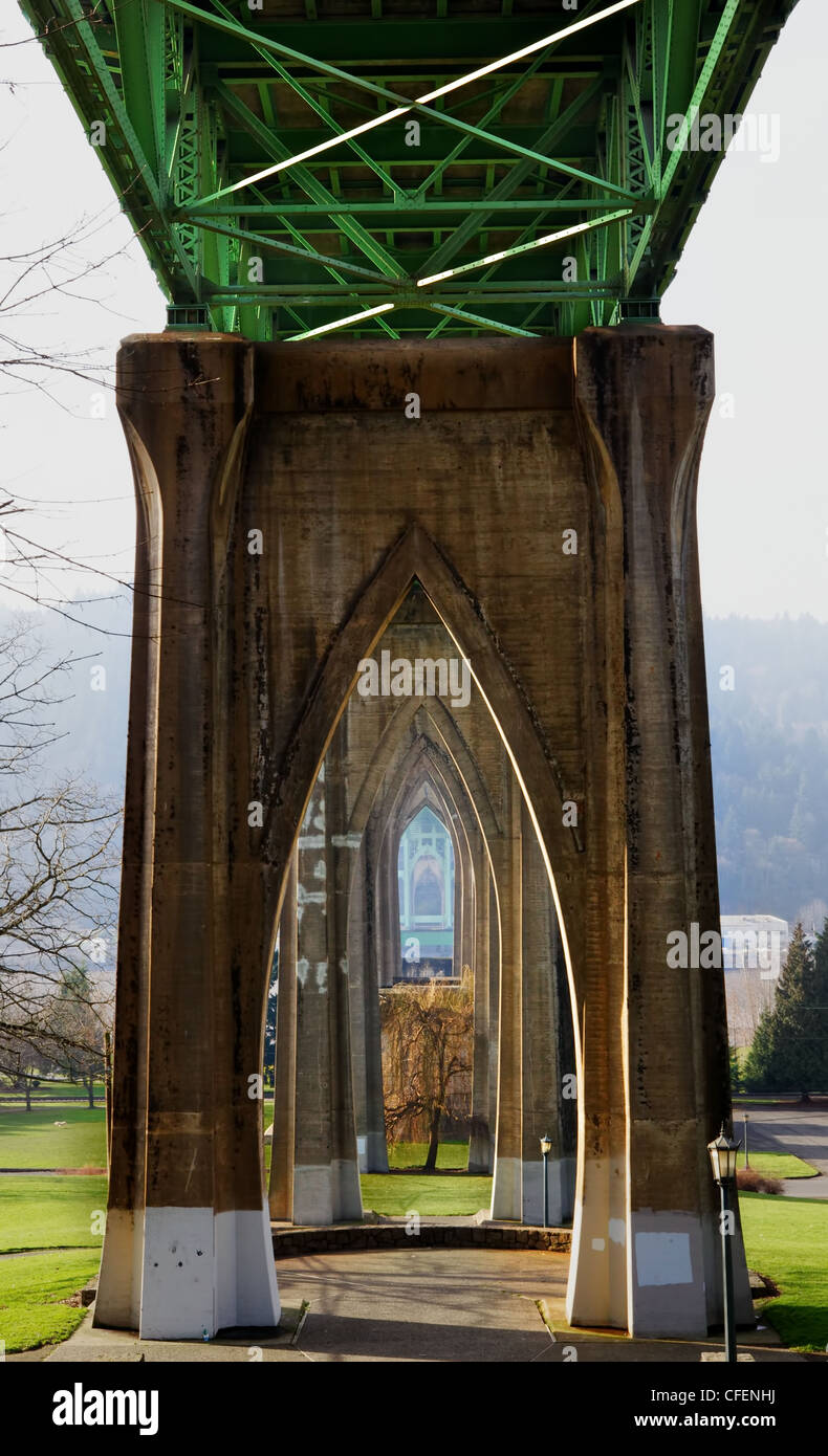 Cathedral like support structure of St. Johns Bridge in Portland Oregon ...