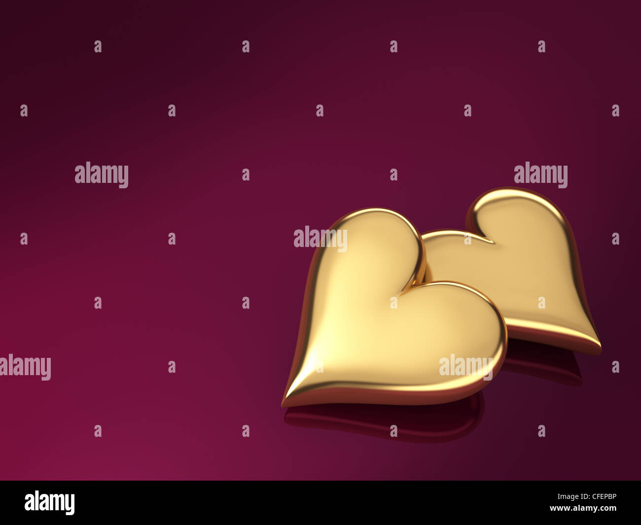 Two gold hearts on a violet background, 3d render Stock Photo - Alamy