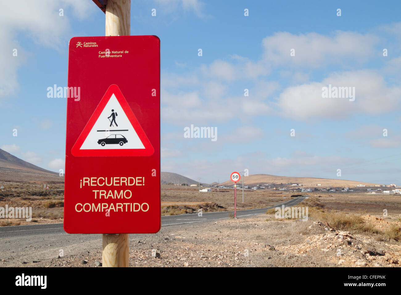 Footpath sign near road outside Tindaya village on Fuerteventura ...