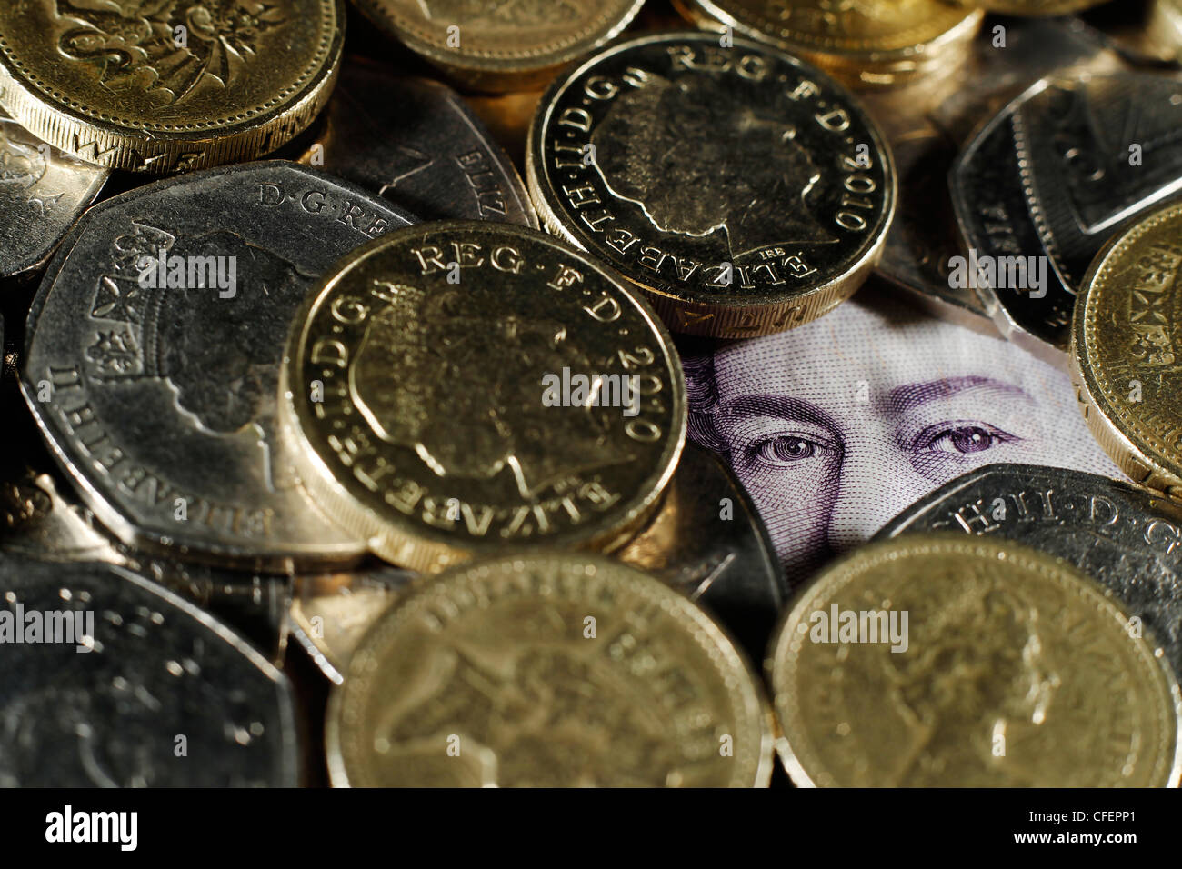 Pounds and pence, British money, sterling coins and notes, Queen ...