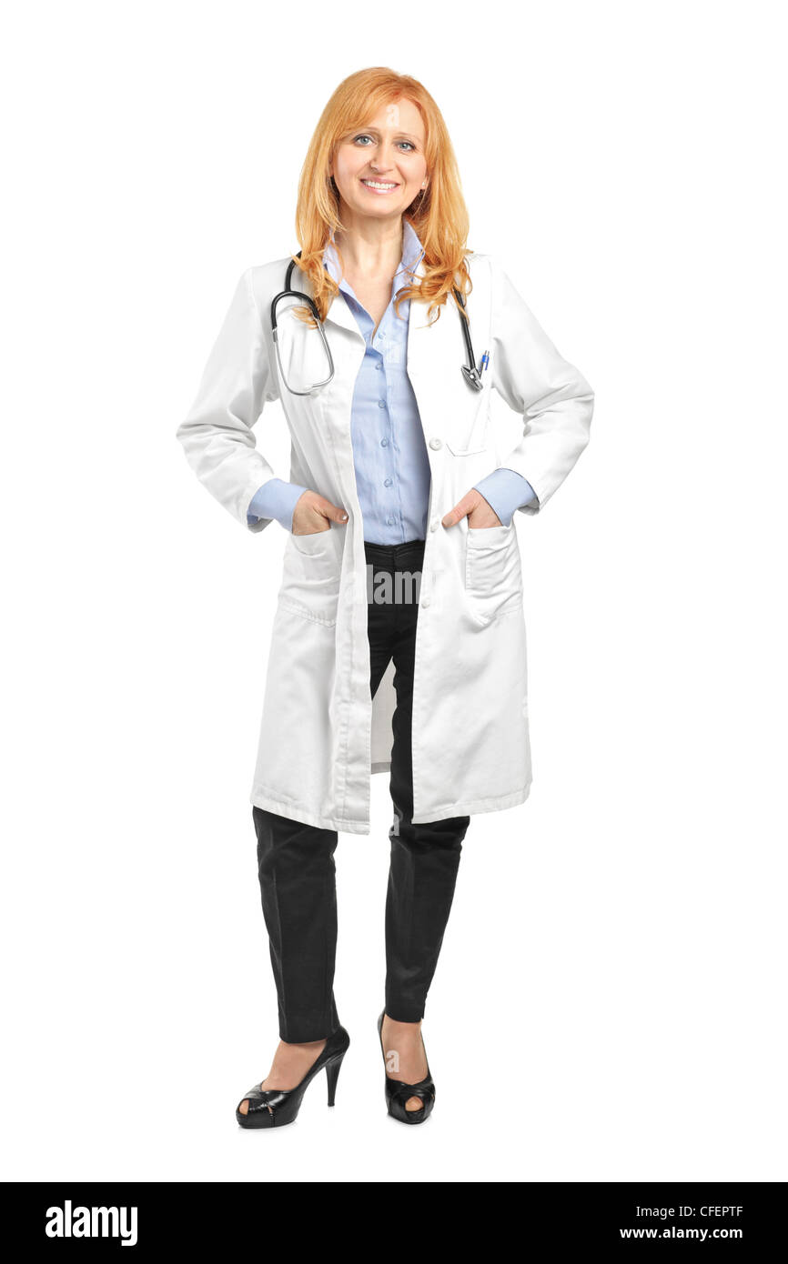 Full length portrait of a female doctor posing isolated on white ...