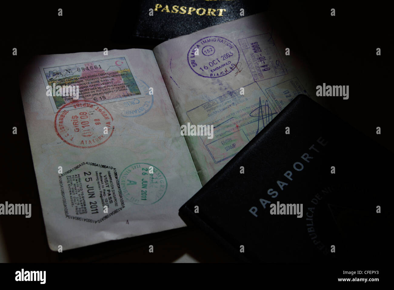 Passports of different nationalities with customs immigration stamps ...