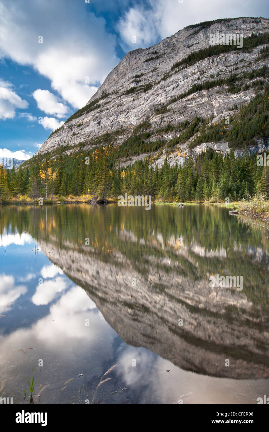 Mount Kidd is reflected in a small pond along highway 40 in Alberta's ...