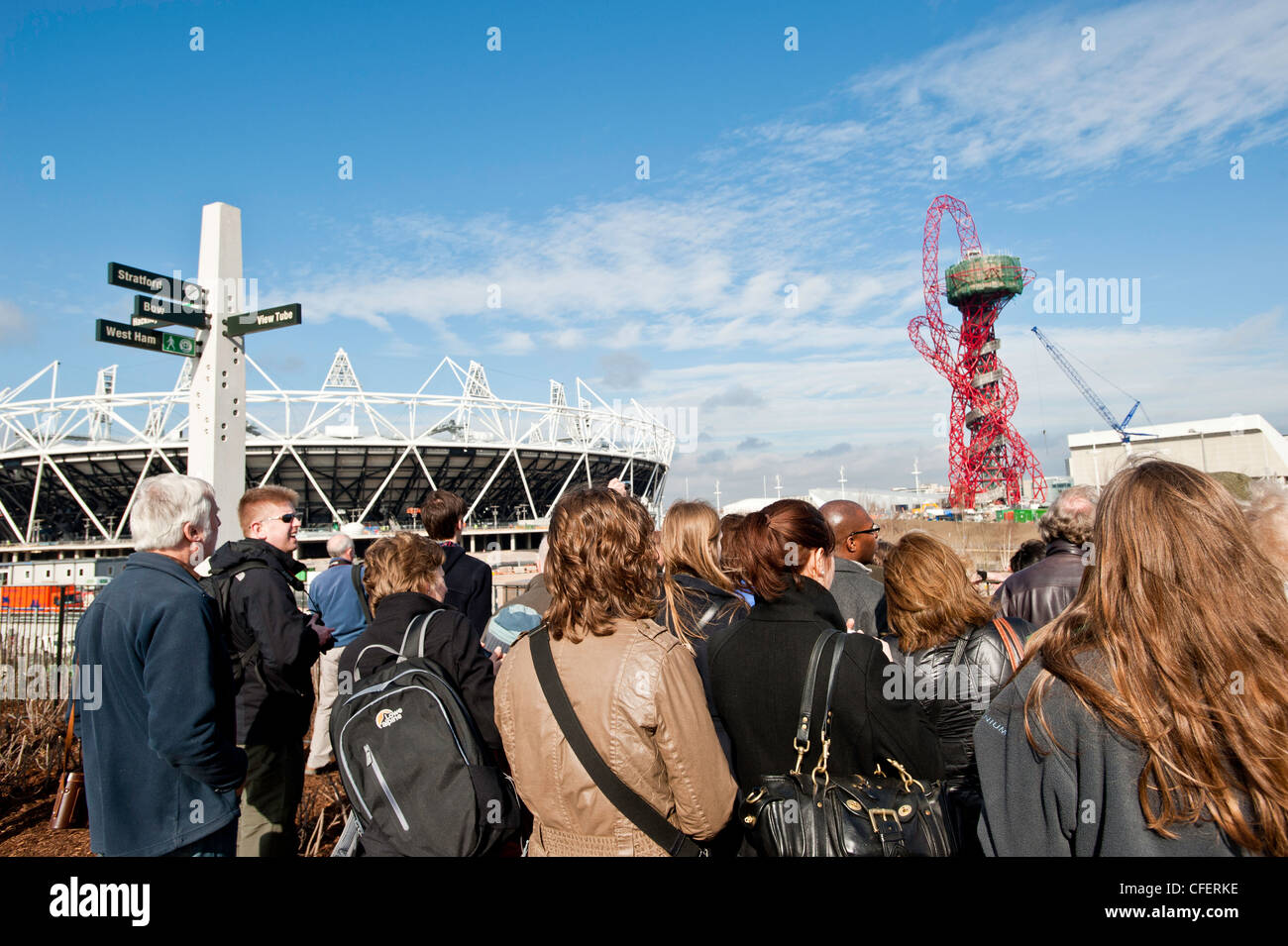 Visitors on Greenway overlooking Olympic Park, London, United Kingdom ...