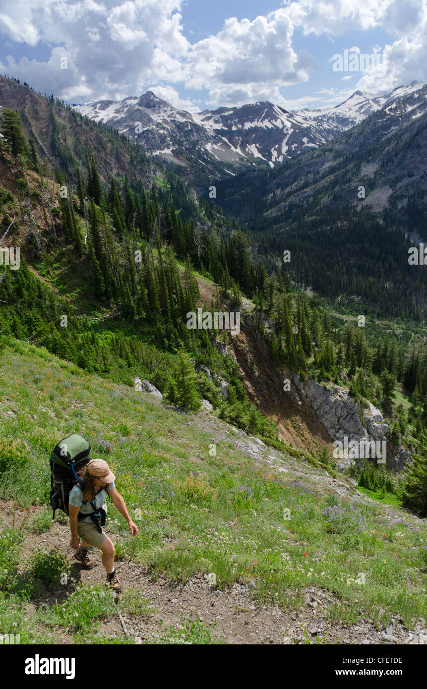 Woman backpacking Polaris Pass Trail in Oregon's Wallowa Mountains ...