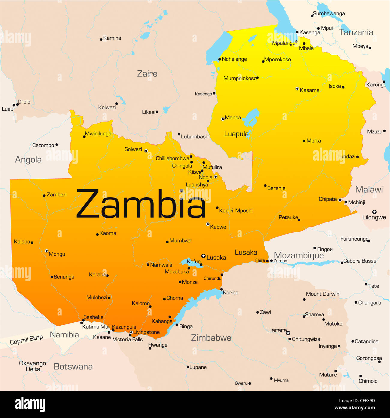 Abstract vector color map of Zambia country Stock Photo - Alamy