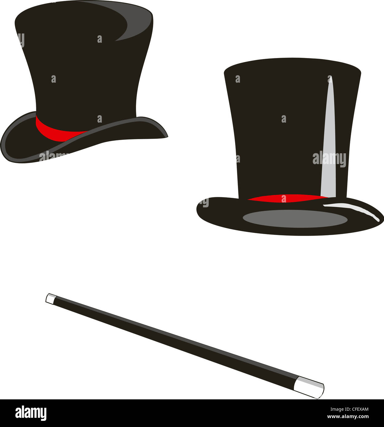 Vector illustration: magic hats and cane Stock Photo - Alamy