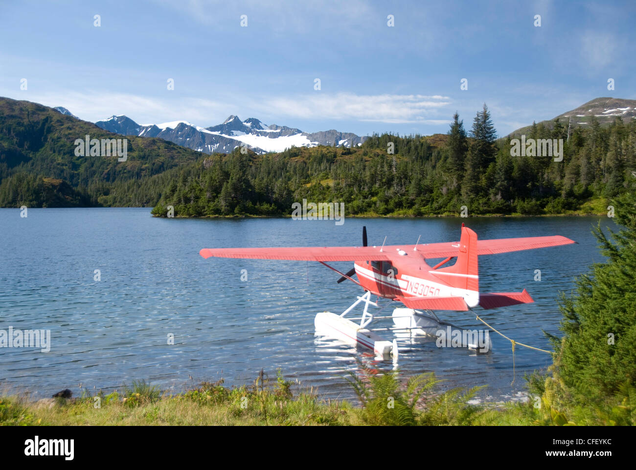 Float plane parked at lake side, Shrode Lake, Prince William Sound ...