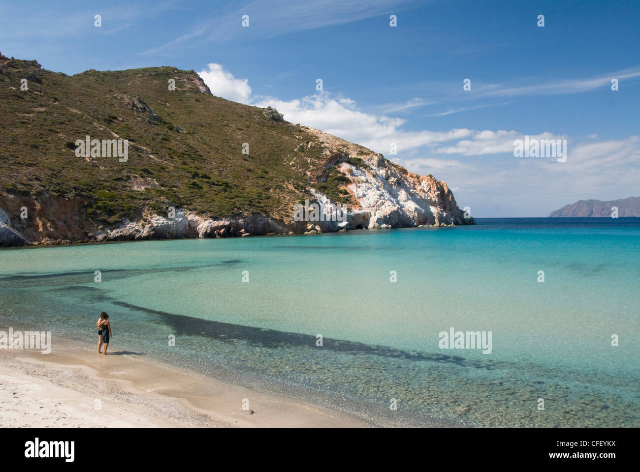 The beach and bay at Plathiena, Island of Milos, Cyclades, Greek ...