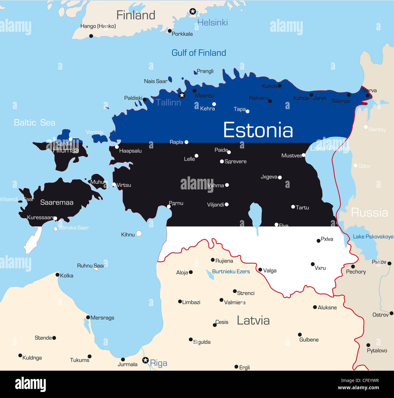 Abstract vector color map of Estonia country coloured by national flag ...