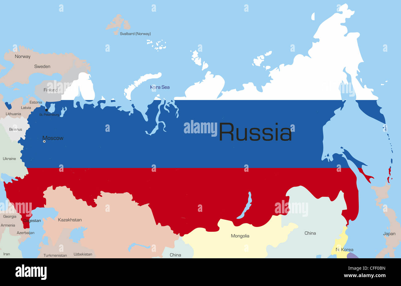 Abstract vector color map of Russia country coloured by national flag ...