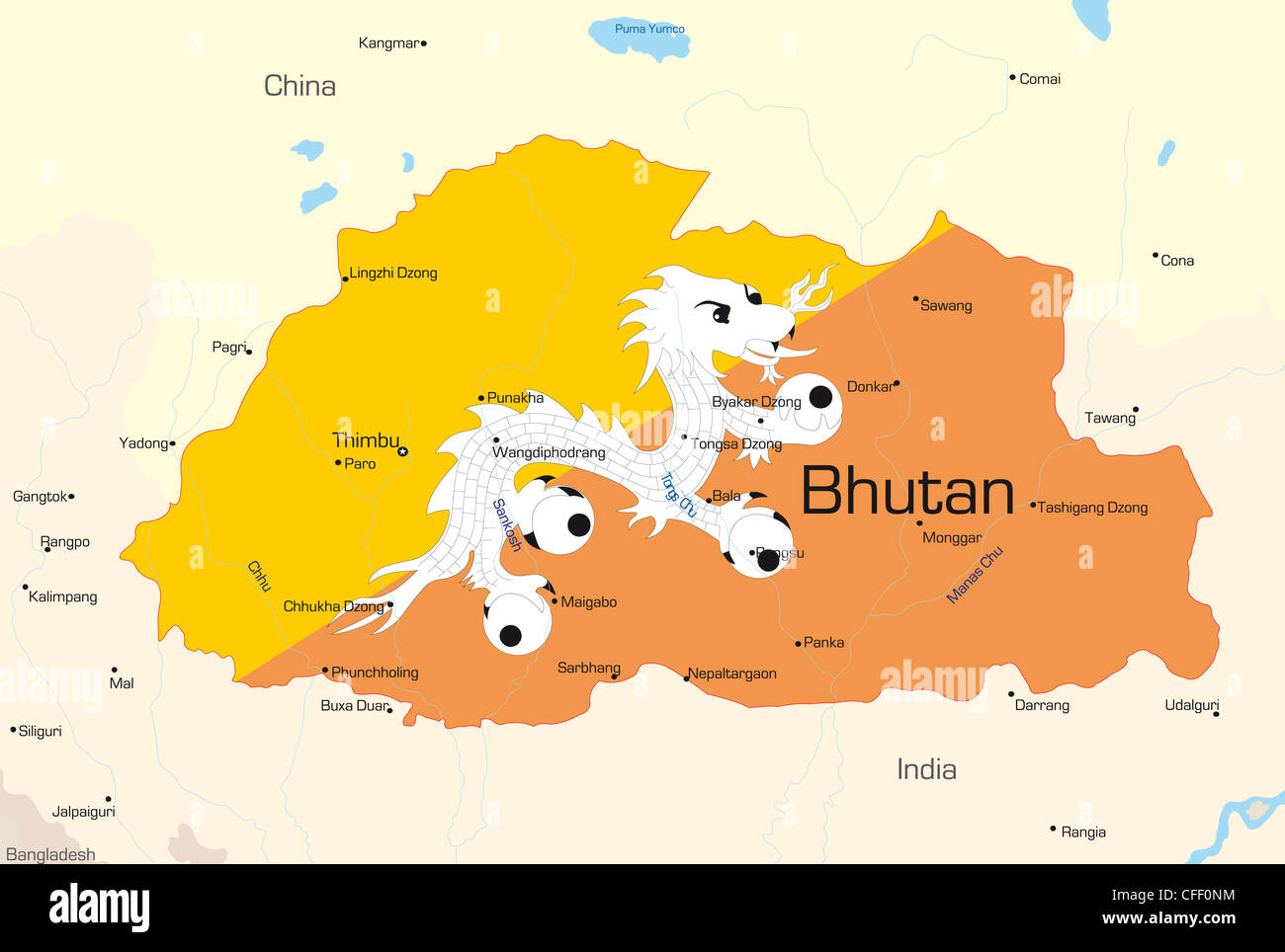 Vector map of Bhutan country colored by national flag Stock Photo - Alamy
