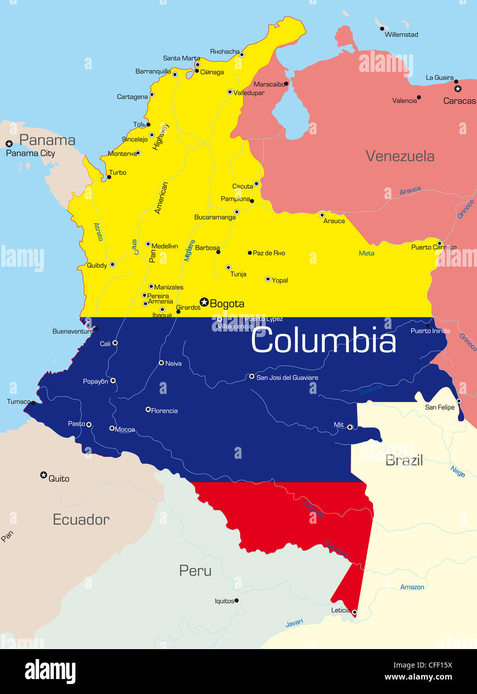 Abstract vector color map of Colombia country colored by national flag ...