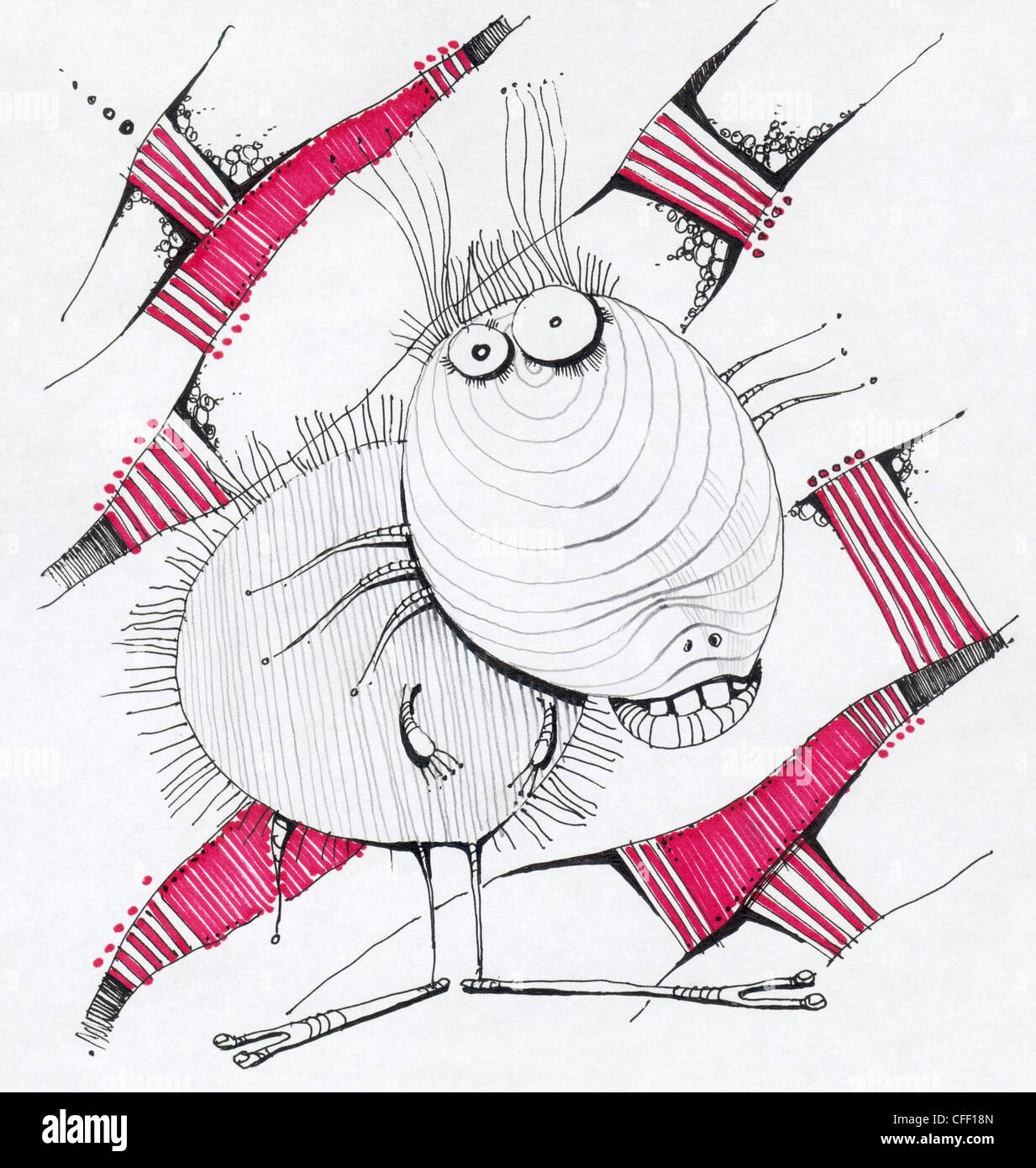 Drawing of alien bird. Figure marker and pen on paper. See the whole ...