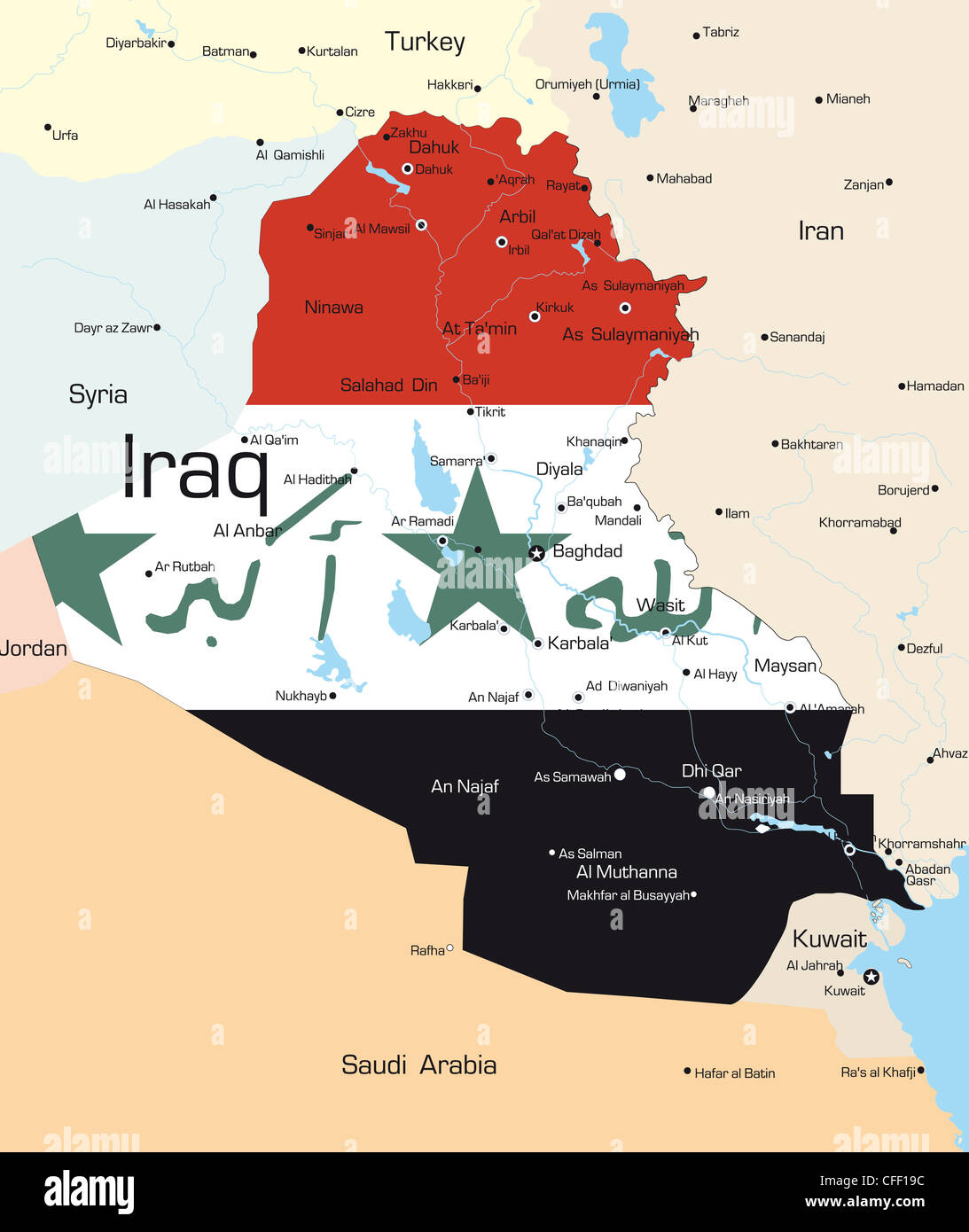 Abstract vector color map of Iraq country colored by national flag ...
