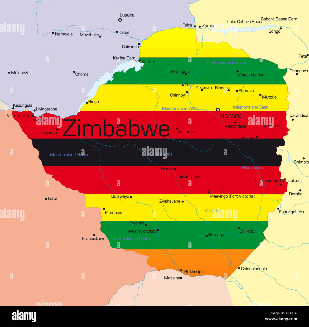 Abstract vector color map of Zimbabwe country colored by national flag ...