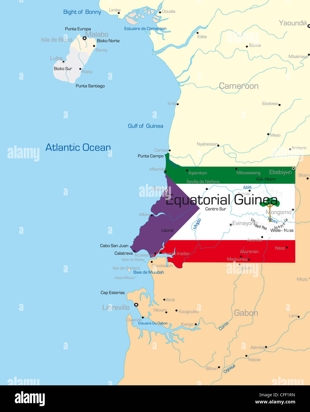 Abstract vector color map of Equatorial Guinea country colored by ...